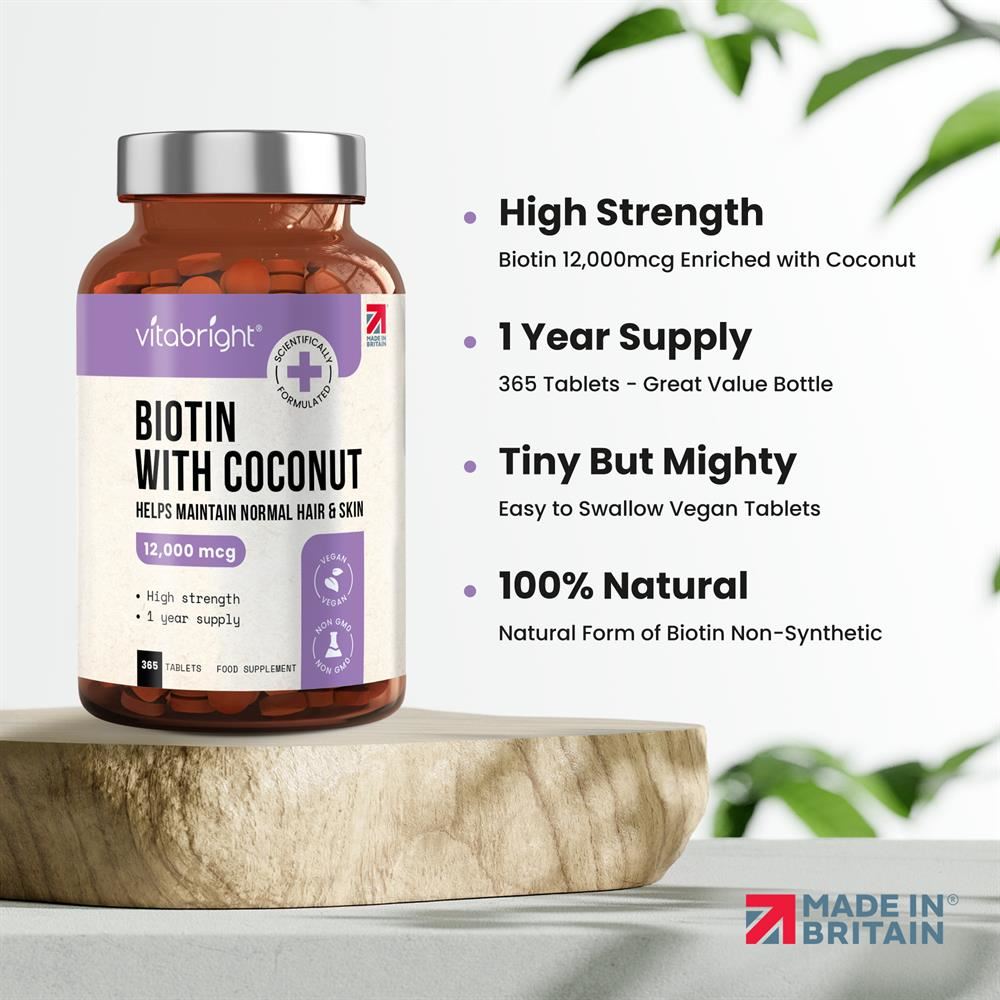 Vitabright Biotin 12000ug - 365 Tablets with Coconut – Health Plus Living